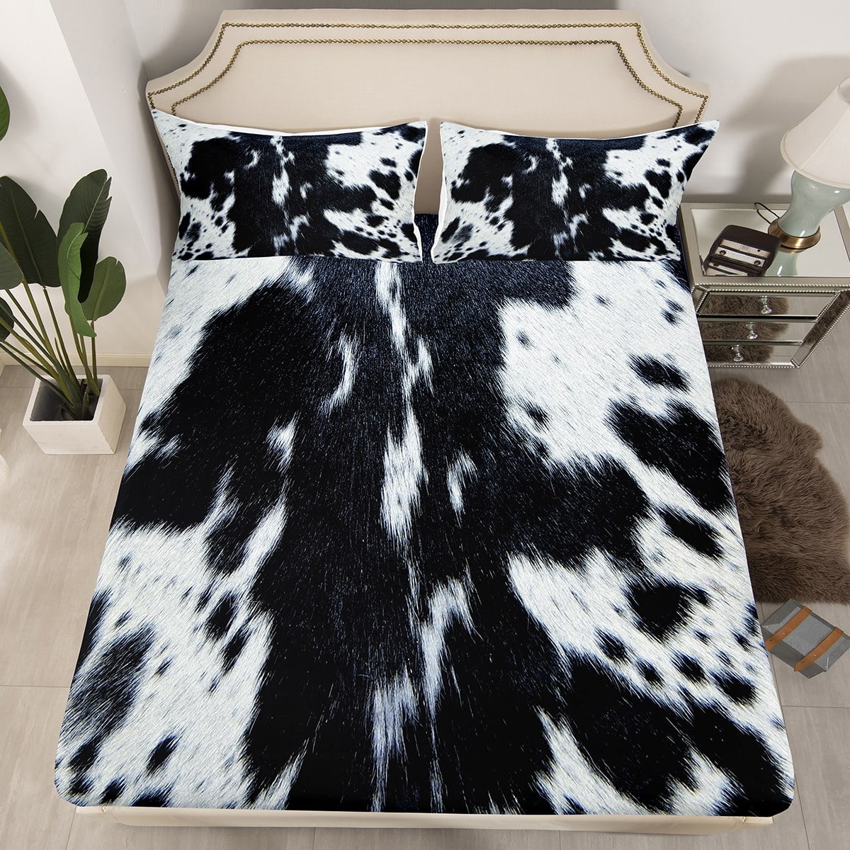Cowhide Bed Sheets Western Decor,Gray Black and White Milk Cow Print ...