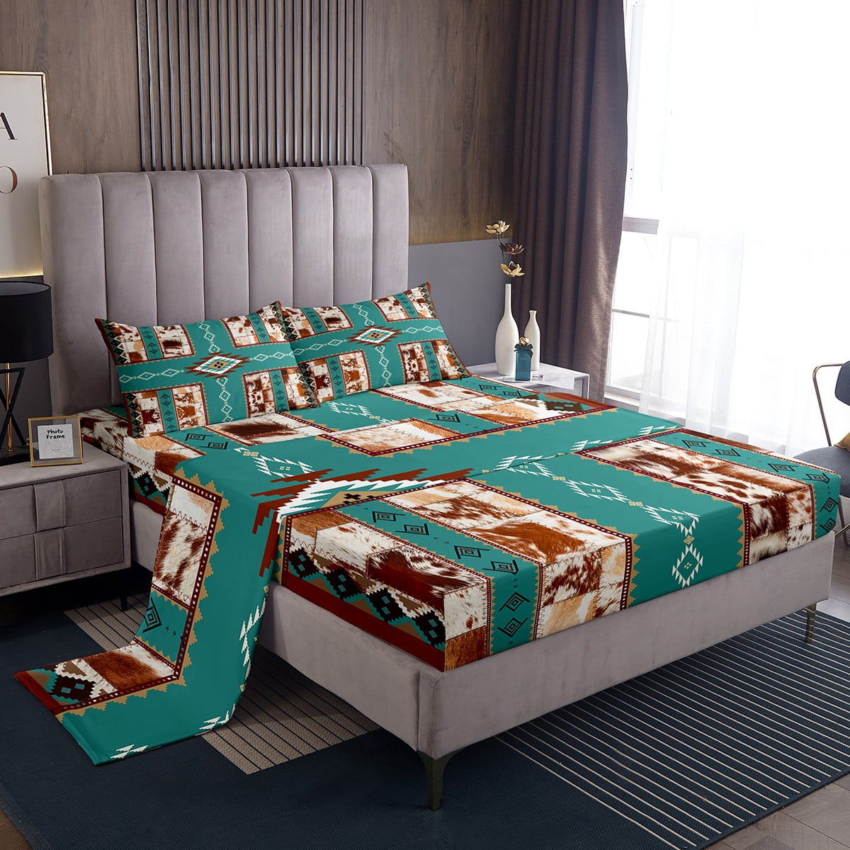 Cowhide Bed Sheets Set Bohemian Exotic Geometry Western Sheet Set Queen ...