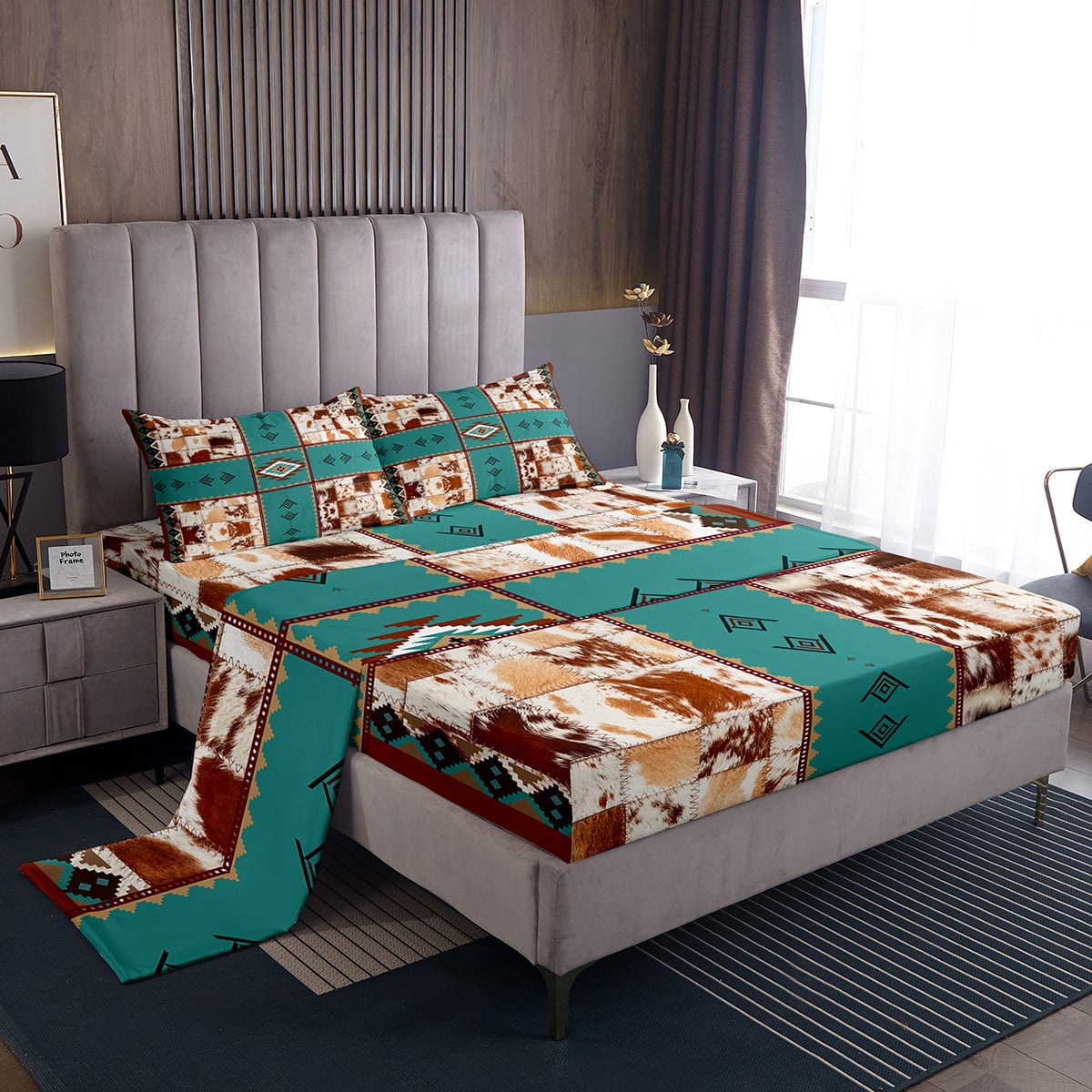Cowhide Bed Sheets Set Bohemian Exotic Geometry Western Sheet Set Twin ...