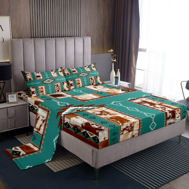 Cowhide Bed Sheets Set Geometric Diamond Triangle Western Sheet Set ...