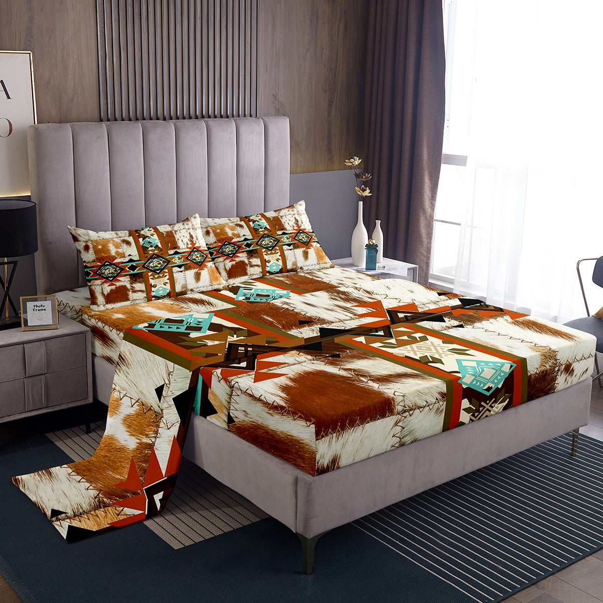Cowhide Bed Sheets Set Geometry Triangle Aztec Decor Western Sheet Set ...