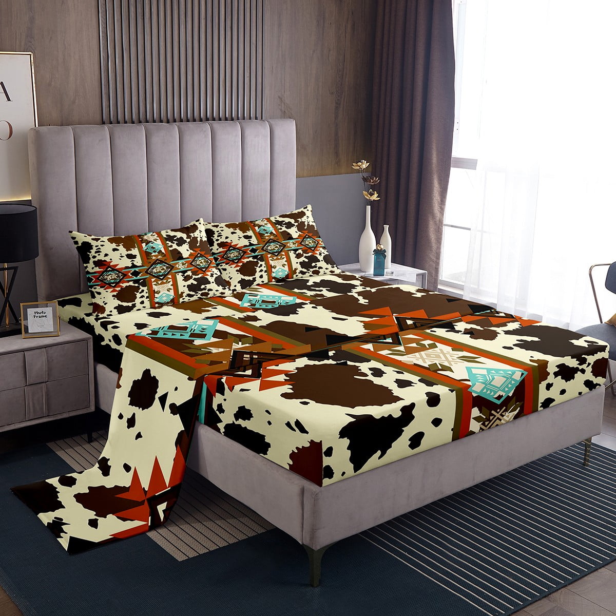 Cowhide Bed Sheets Set Western Sheet Set King,Brown Highland Cow Print ...
