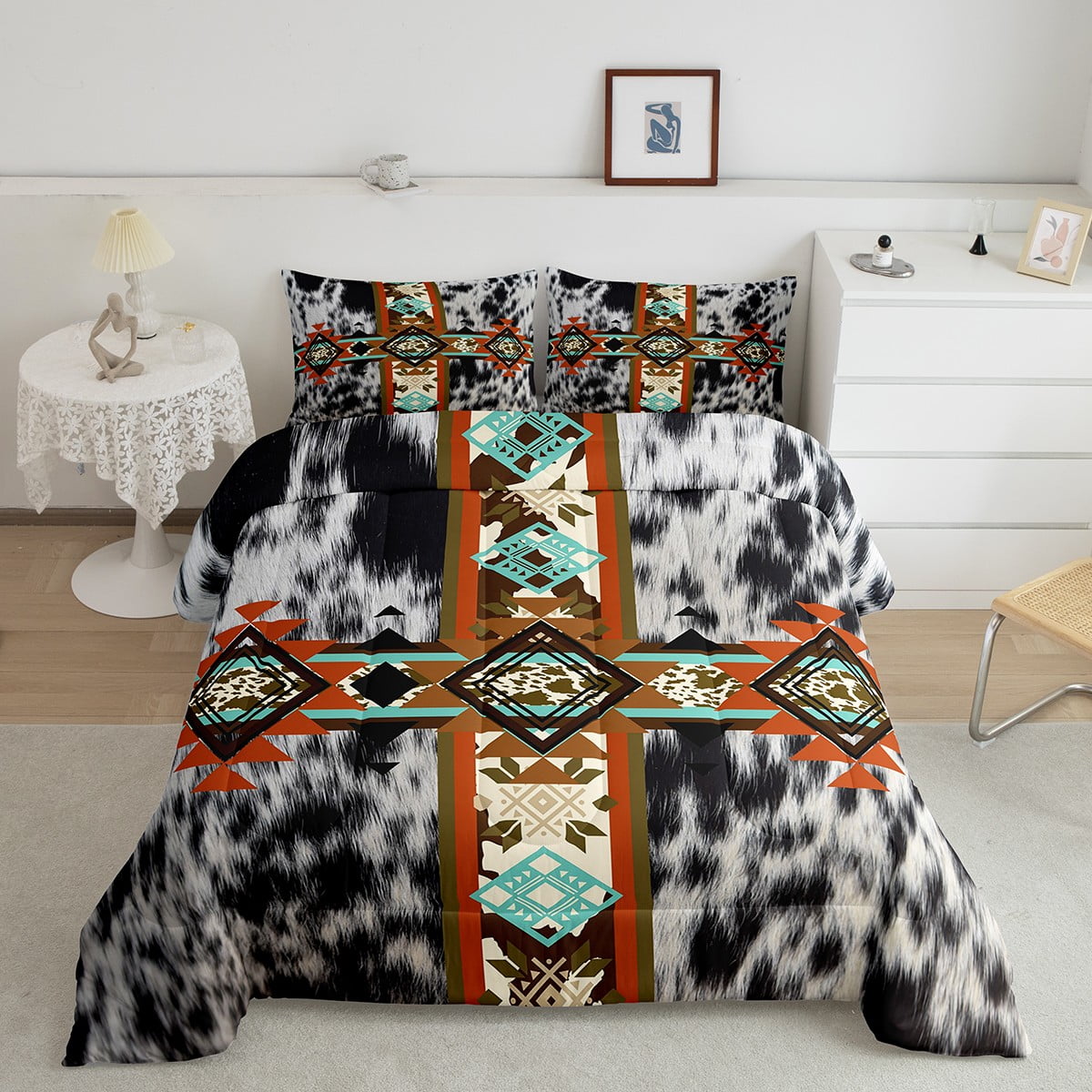 Cowhide Bedding Set Black and White Highland Cow Print Quilt,Western ...