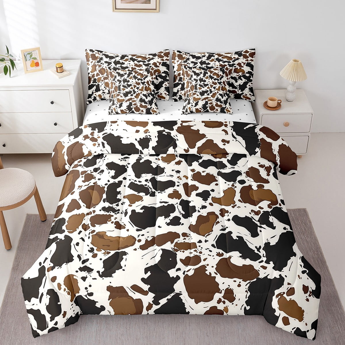 Cowhide Bedding Set Cow Pattern Comforter Set 7-Piece Western Farm Style Sheet Set Queen,Rustic ...