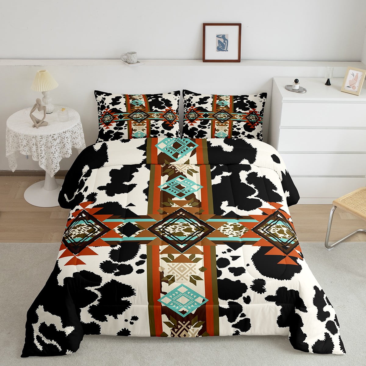 Cowhide Bedding Set Western Comforter Set Full,Black and White Highland ...