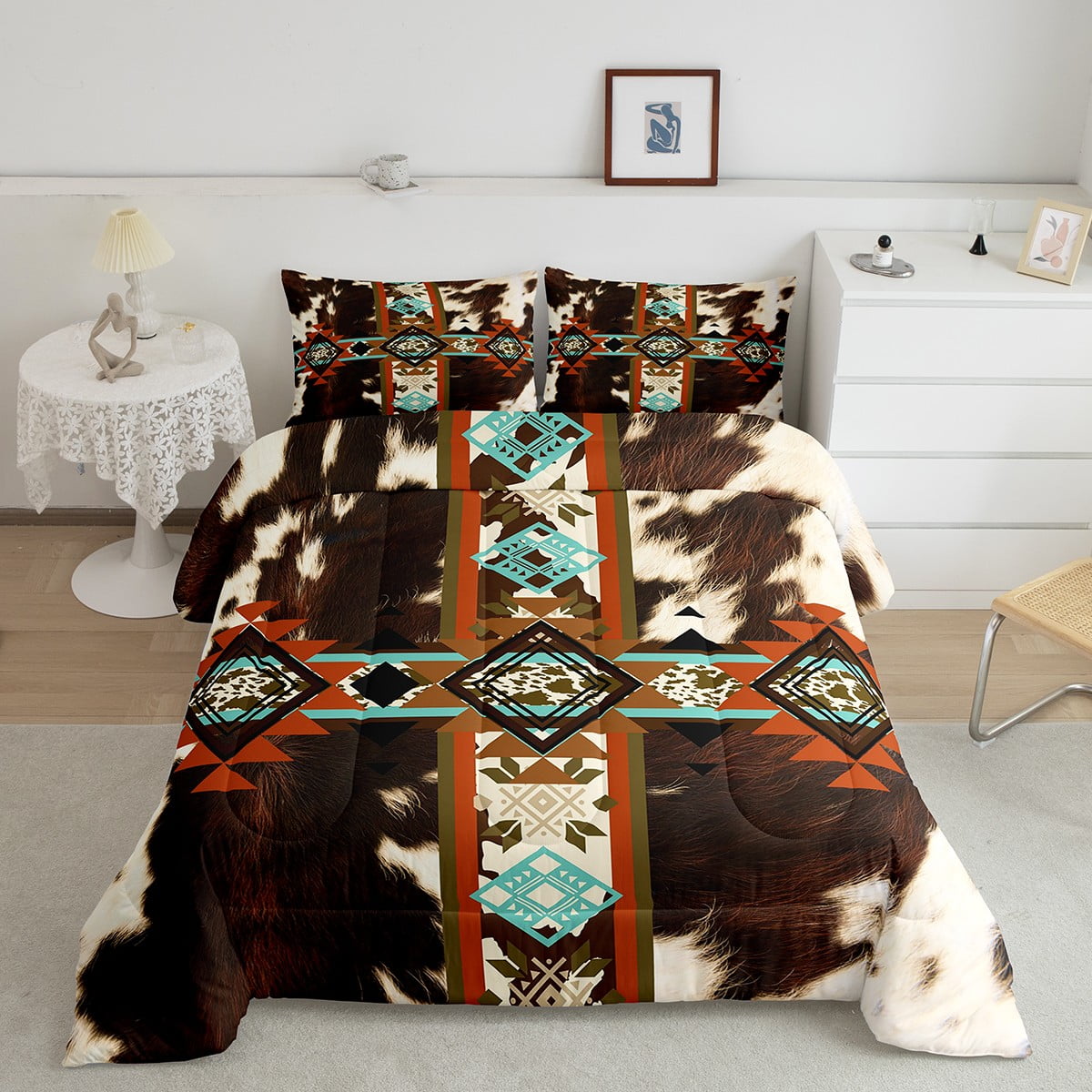 Cowhide Bedding Set Western Comforter Set Queen,Brown Cow Print Quilt Exotic Diamond Aztec Tribe ...