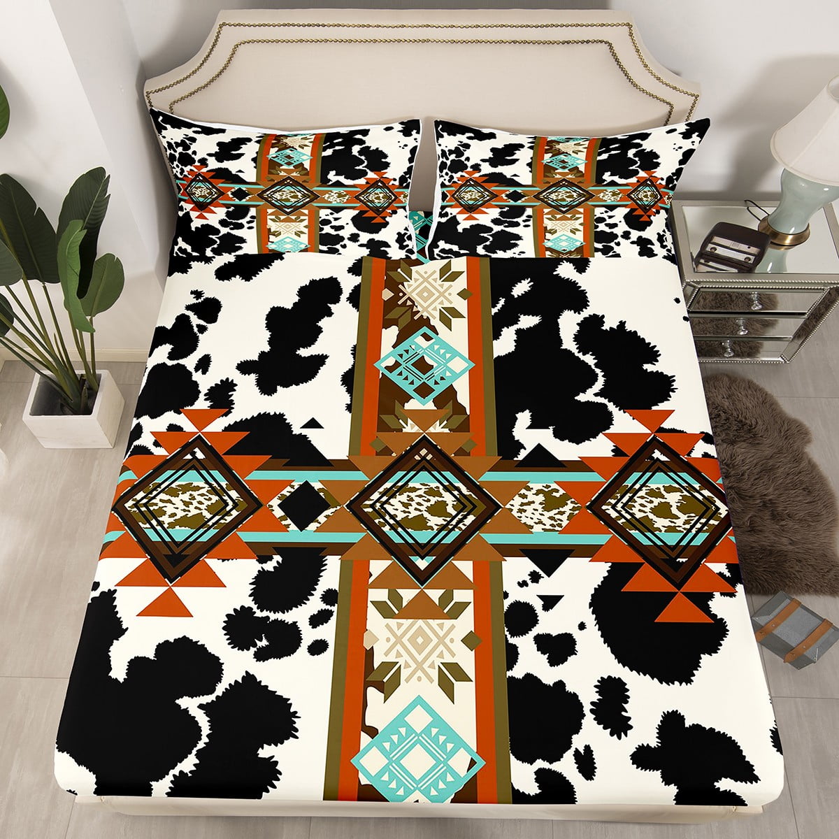 Cowhide Bedding Set Black and White Highland Cow Print Fitted Sheet ...