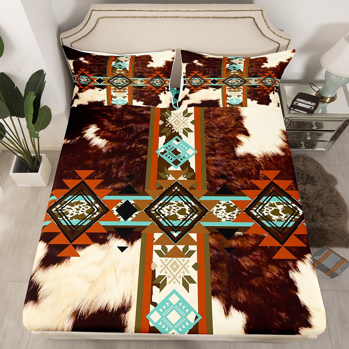 Cowhide Bedding Set Brown Highland Cow Print Fitted Sheet,Western Bed ...