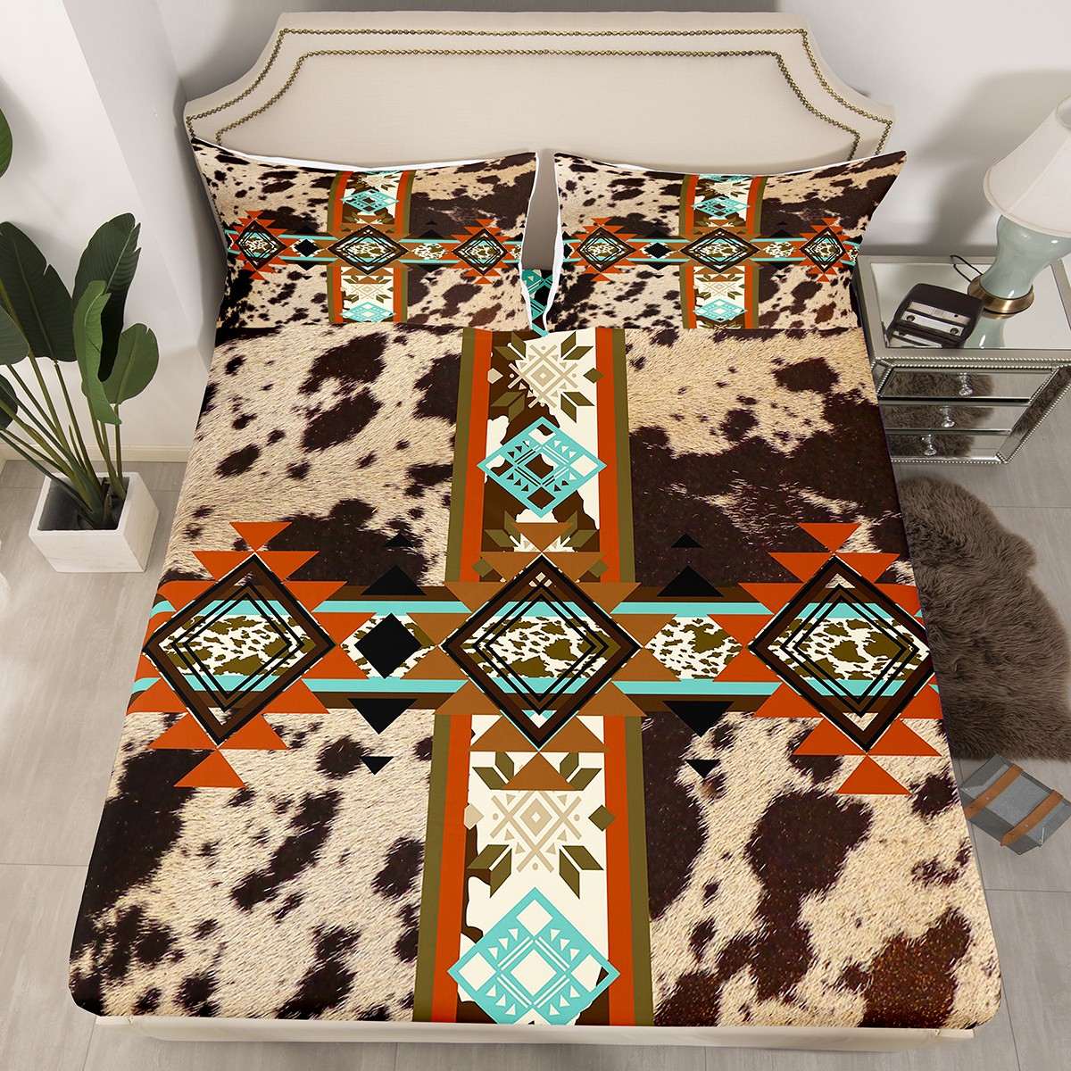 Cowhide Bedding Set Brown Highland Cow Print Fitted Sheet,Western Bed ...