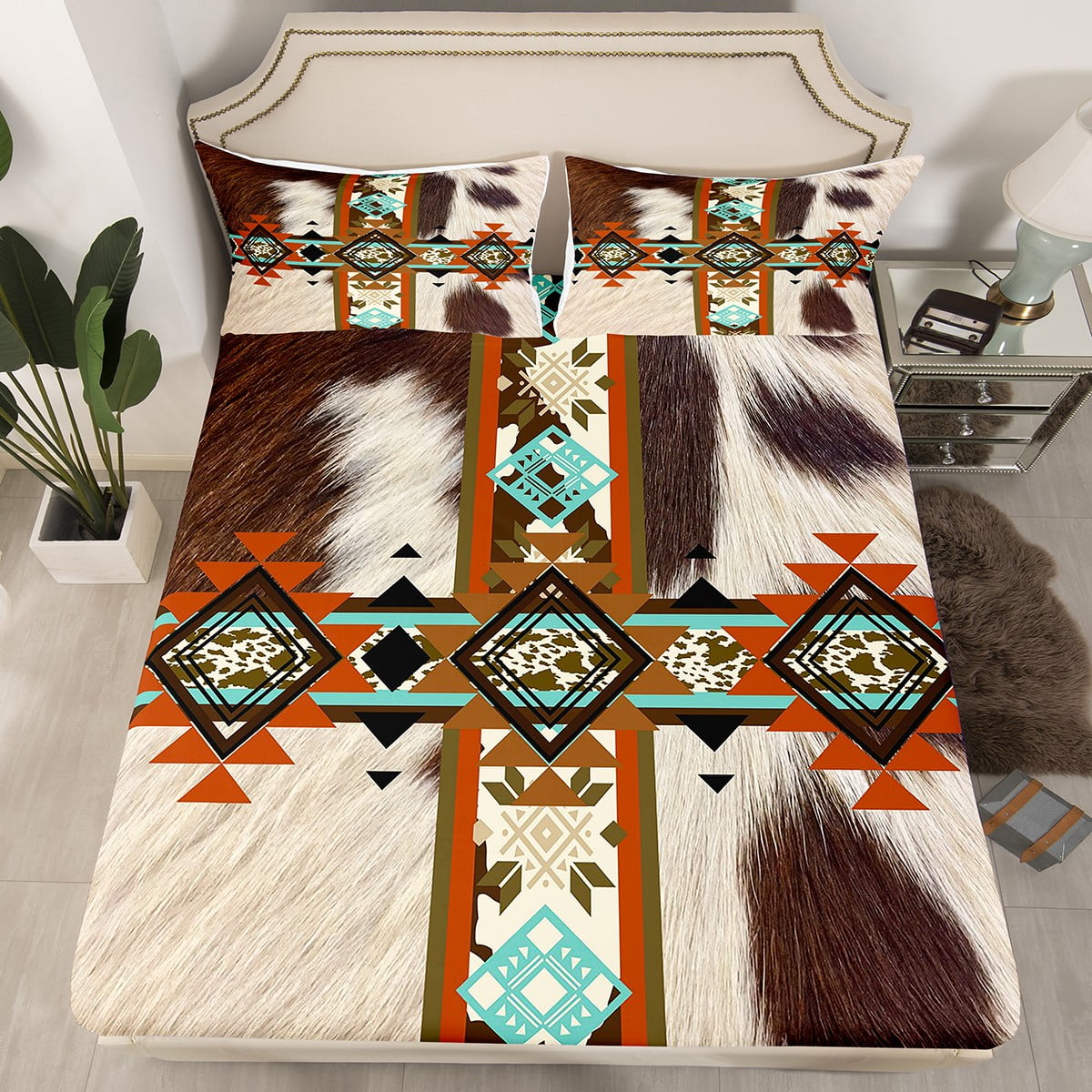 Cowhide Bedding Set Brown Highland Cow Print Fitted Sheet,Western Bed ...