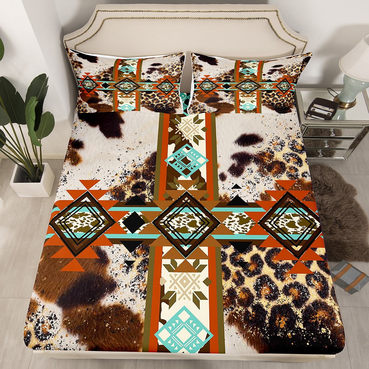 Cowhide Bedding Set Brown Leopard Print Fitted Sheet Western Bed Sheets ...