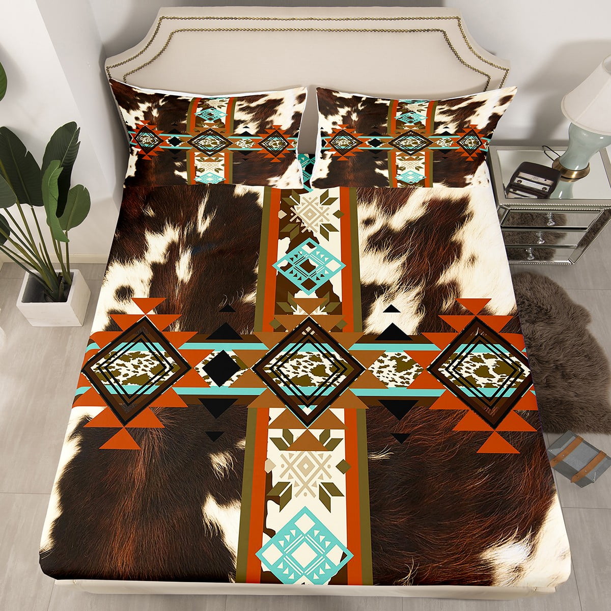 Cowhide Bedding Set Western Bed Sheets Full,Brown Highland Cow Print ...