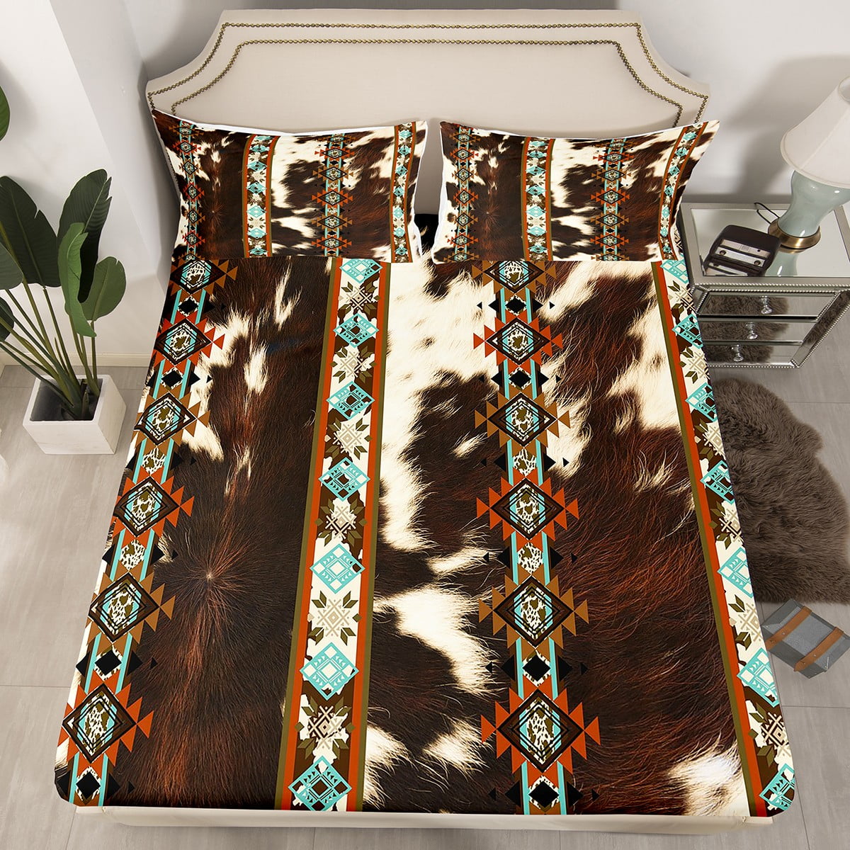 Cowhide Bedding Set Western Bed Sheets Twin,Brown Cow Print Fitted ...