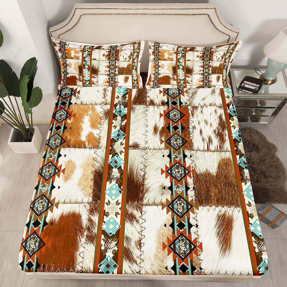 Cowhide Bedding Set geometry Triangle Aztec Decor Western Bed Sheets ...