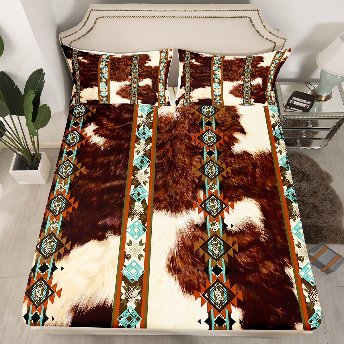 Cowhide Bedding Set western Bed Sheets Twin,Brown Highland Cow Print ...