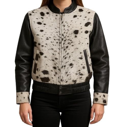 Cowhide Black White Hair on Hide Leather bomber Jacket, Black Sleeves ...