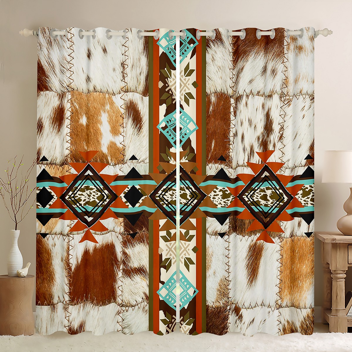 Cowhide Blackout Curtains Geometry Diamond Aztec Decor Western Curtains ...