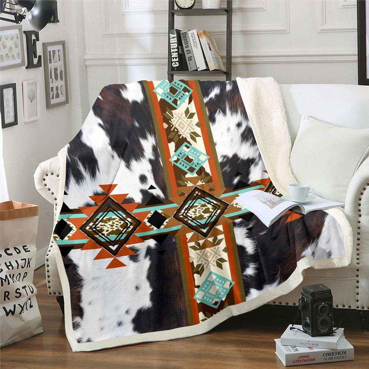 Cowhide Blanket Western Throw Blanket 50"x60",Black and White Highland Cow Print Fleece Blanket ...