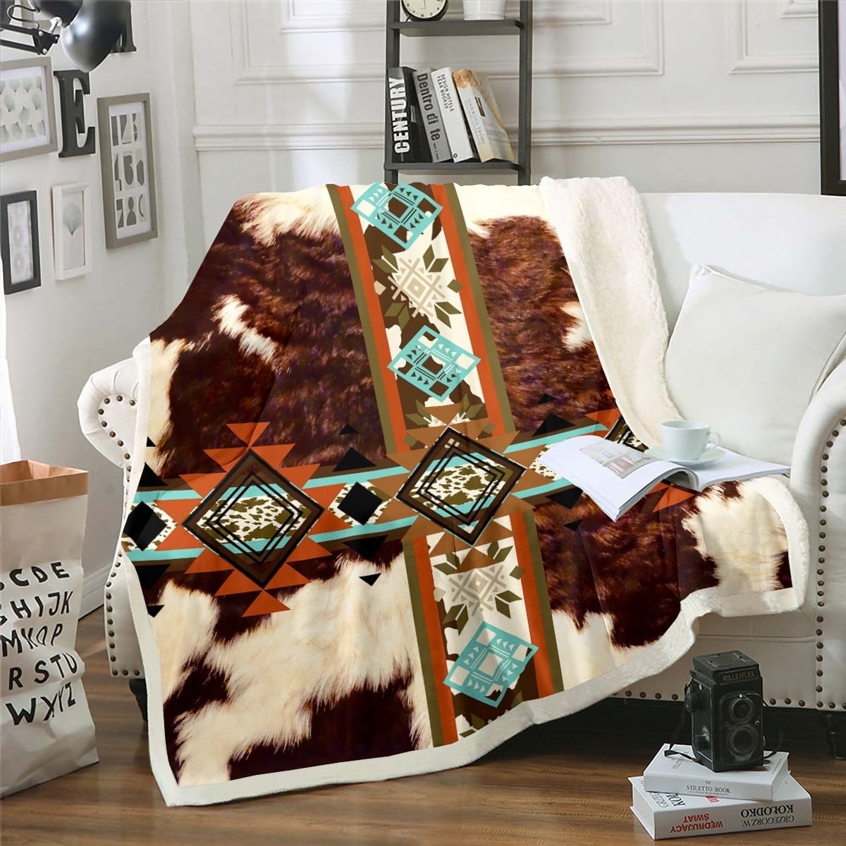 Cowhide Blanket Western Throw Blanket 50"x60",Brown Highland Cow Print Fleece Blanket Exotic ...