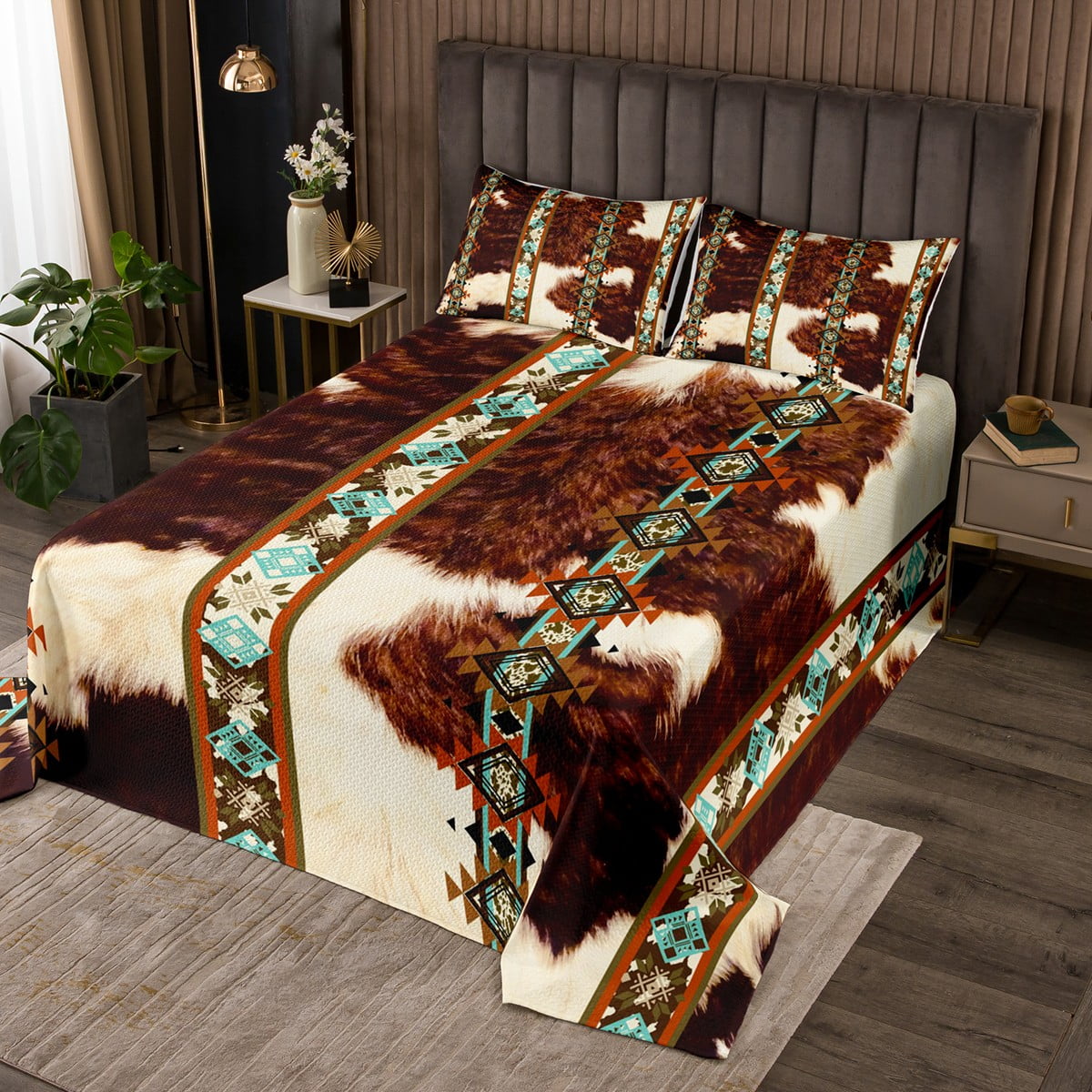 Cowhide Coverlet Set western Bedspread Set Queen,Brown Highland Cow ...