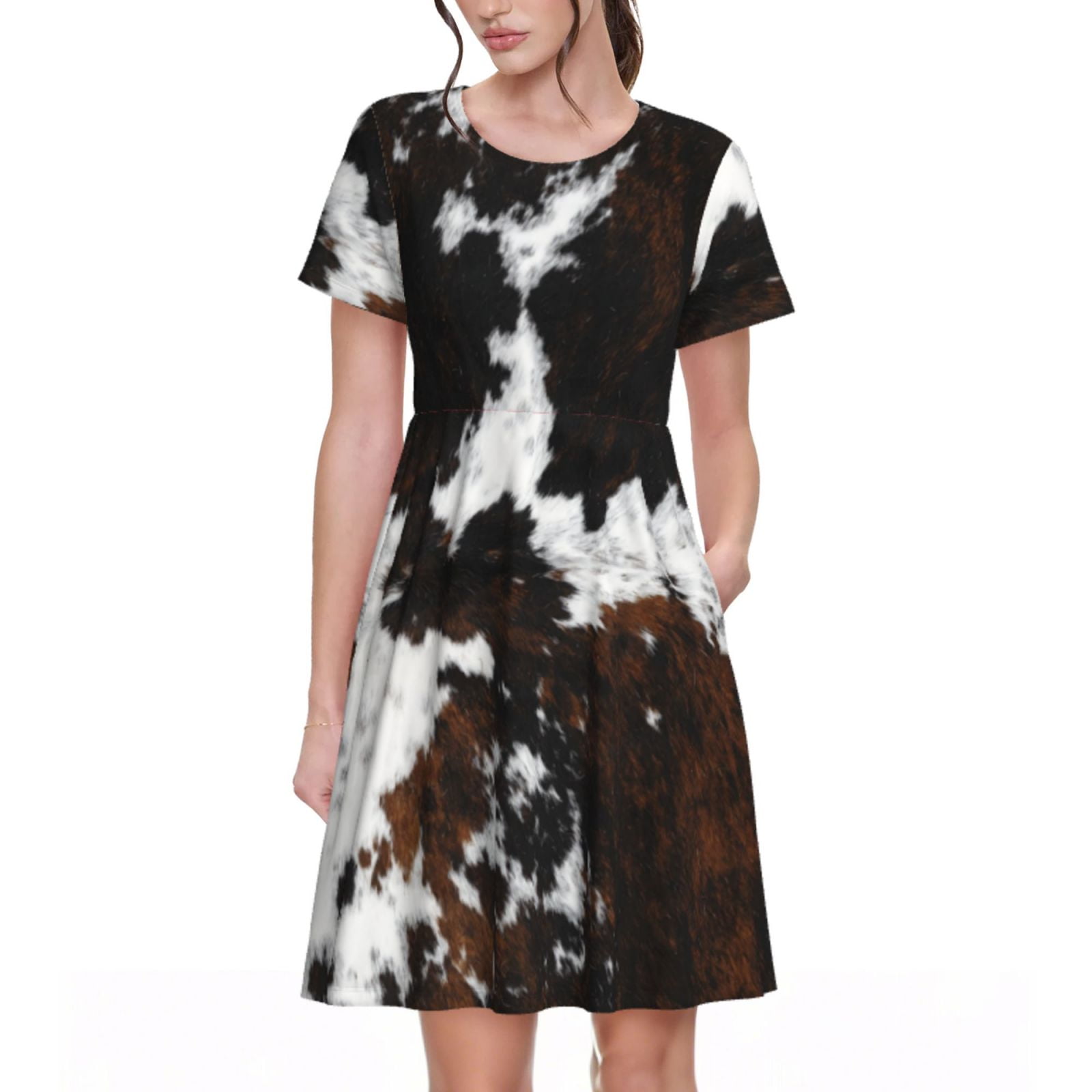 Cowhide, Cow Skin Print Pattern Women 2025 Summer Casual Dress Short Sleeve Crew Neck Dresse ...