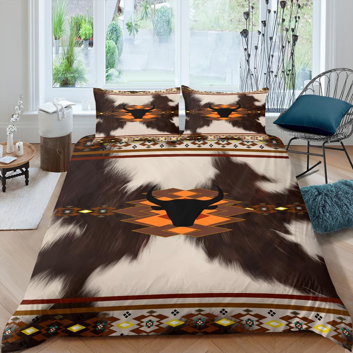 Cowhide Duvet Cover Boho Ox Head Bedding Set Bohemian Cow Skin ...