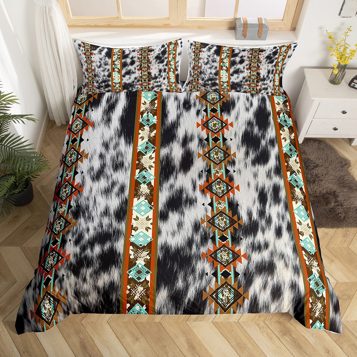 Cowhide Duvet Cover Western Bedding Sets Queen,Black and White Highland ...