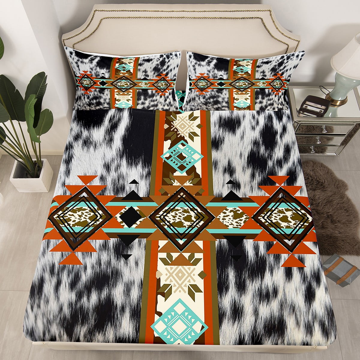 Cowhide Fitted Sheet Black and White Highland Cow Print Bedding Set ...