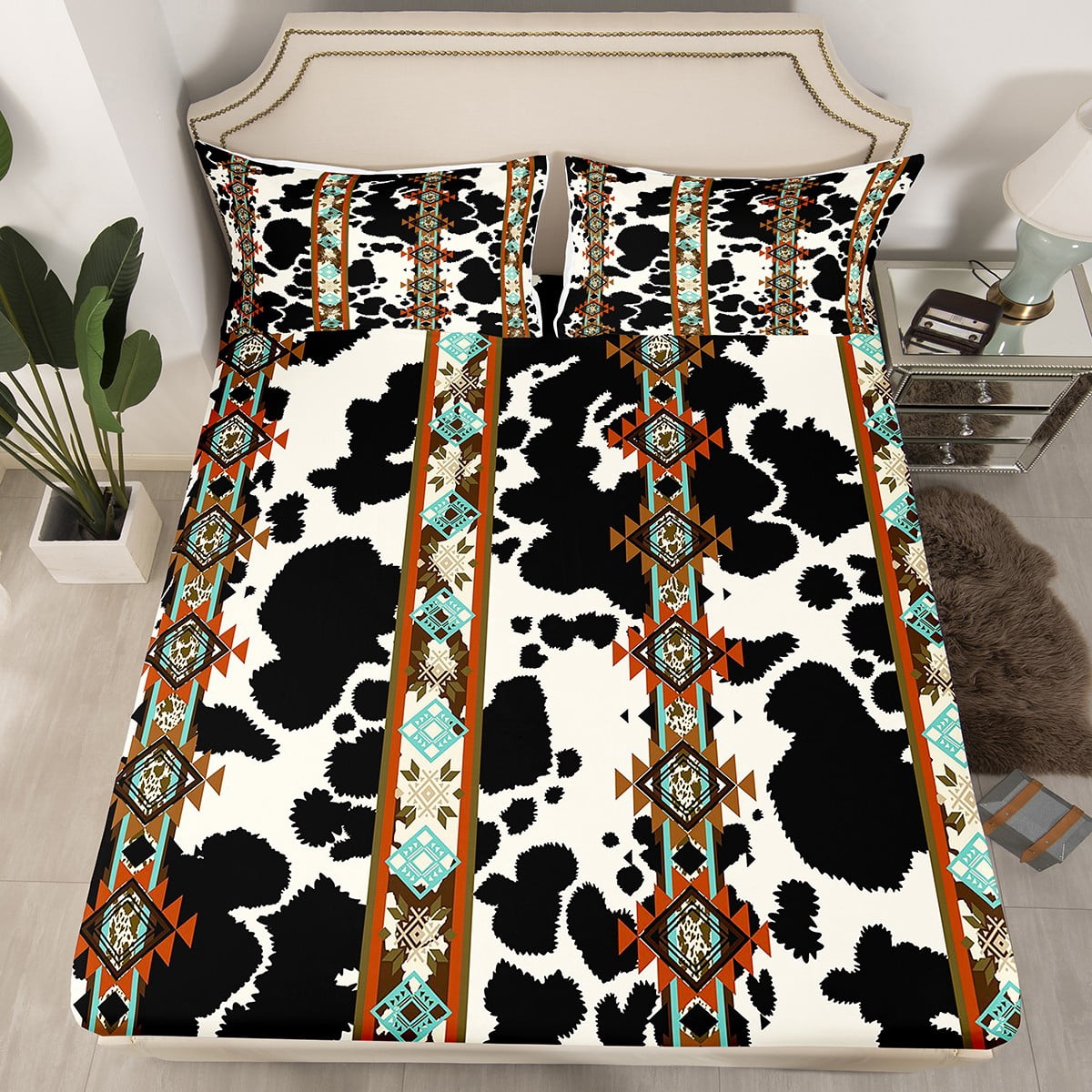 Cowhide Fitted Sheet Black and White Highland Cow Print Bedding Set ...