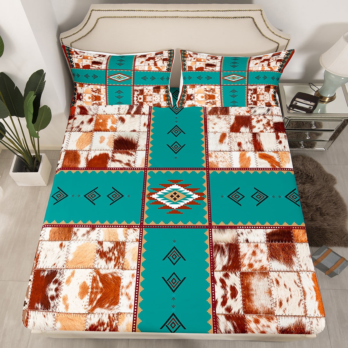 Cowhide Fitted Sheet Bohemian Exotic Geometry Western Bed Sheets Queen ...