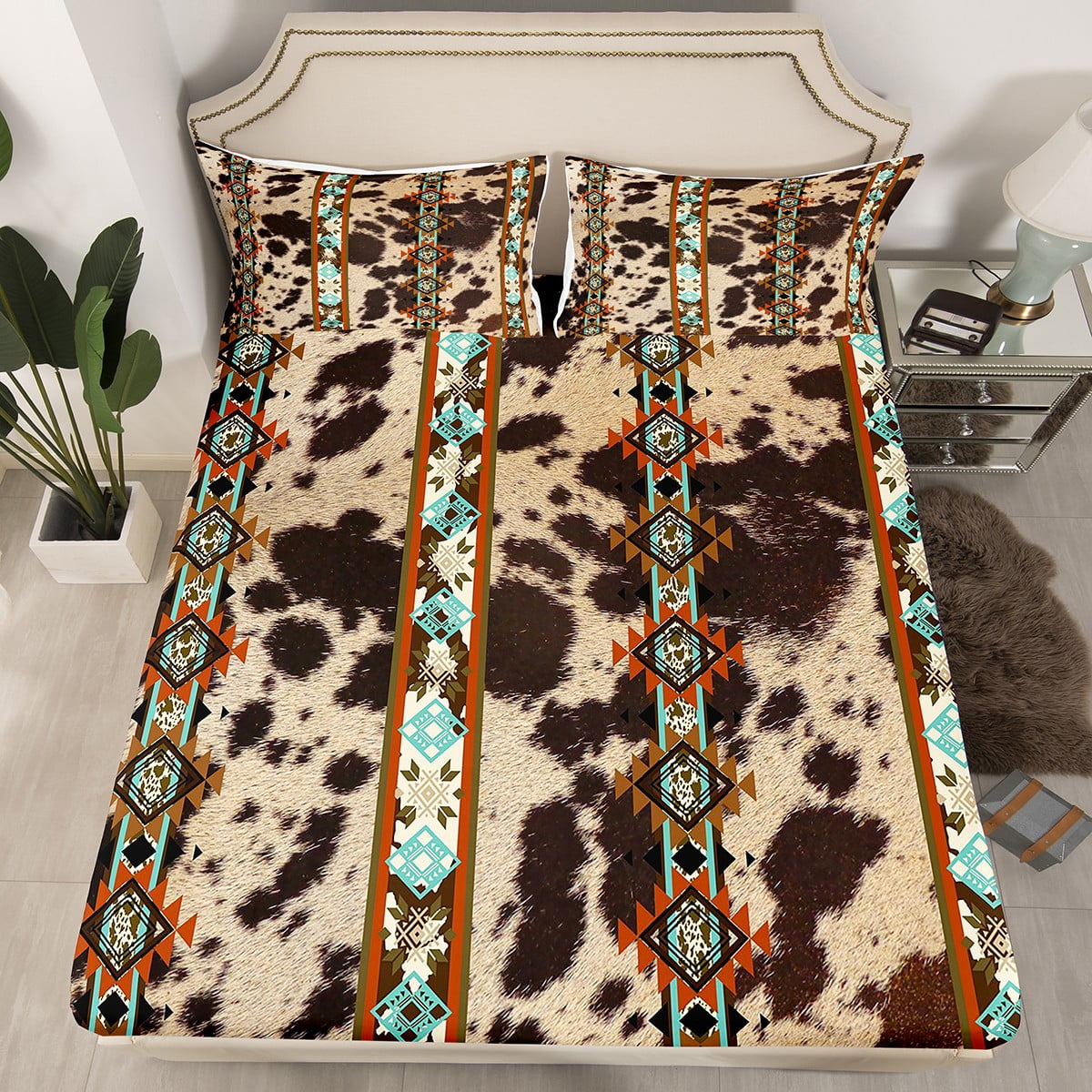 Cowhide Fitted Sheet Brown Highland Cow Print Bedding Set Western Bed ...