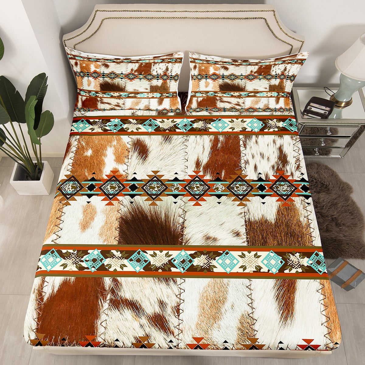 Cowhide Fitted Sheet Geometry Arrow Aztec Decor Western Bed Sheets Full ...