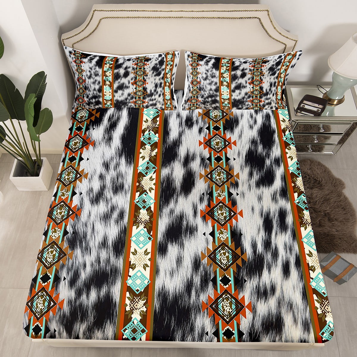 Cowhide Fitted Sheet Western Bed Sheets Twin,Black and White Highland ...
