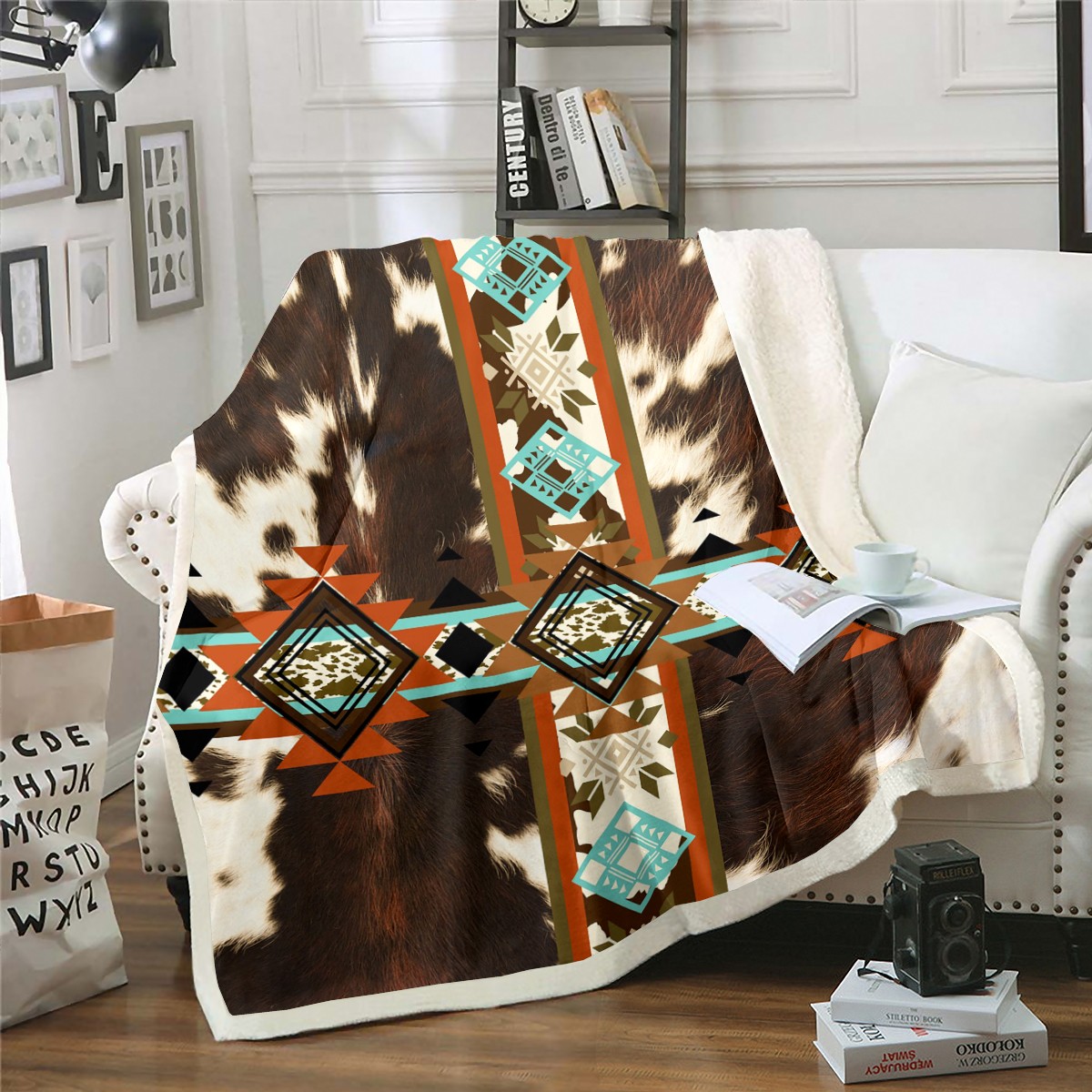 Cowhide Fleece Blanket Western Throw Blanket 60"x80",Brown Highland Cow Print Blanket Exotic ...