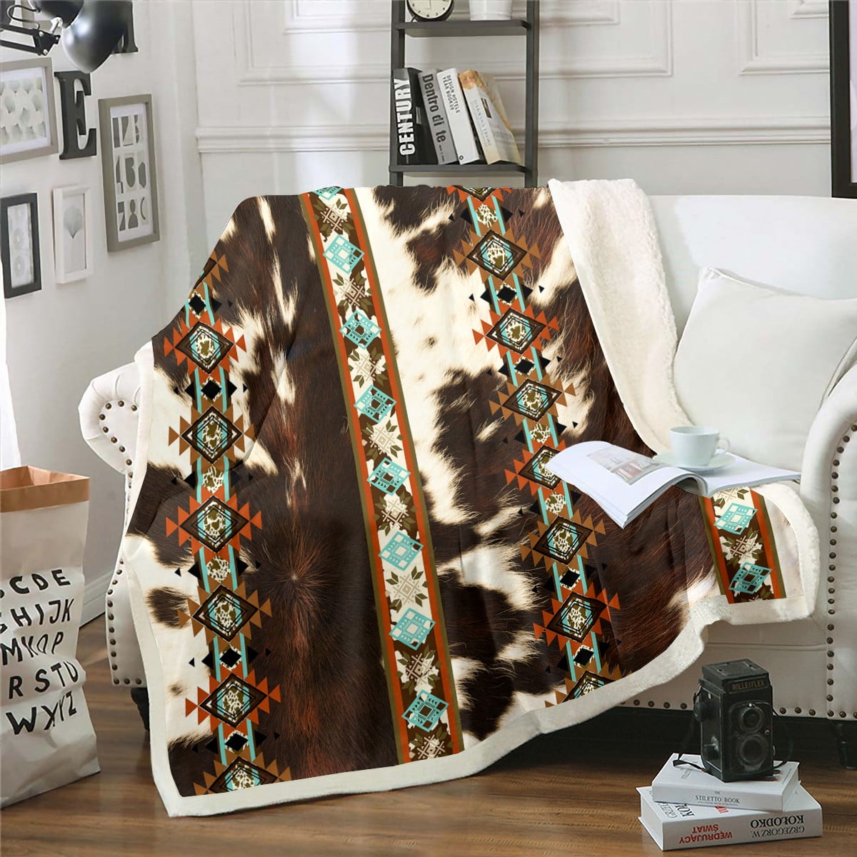 Cowhide Fleece Blanket Western Throw Blanket 90"x90",Brown Cow Print ...