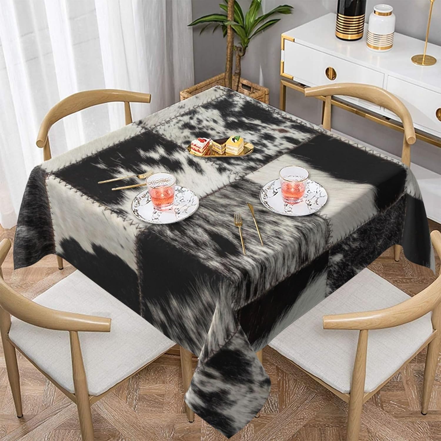 Cowhide Fur Patchwork Tablecloth,Western Ranch Black and White Cow ...