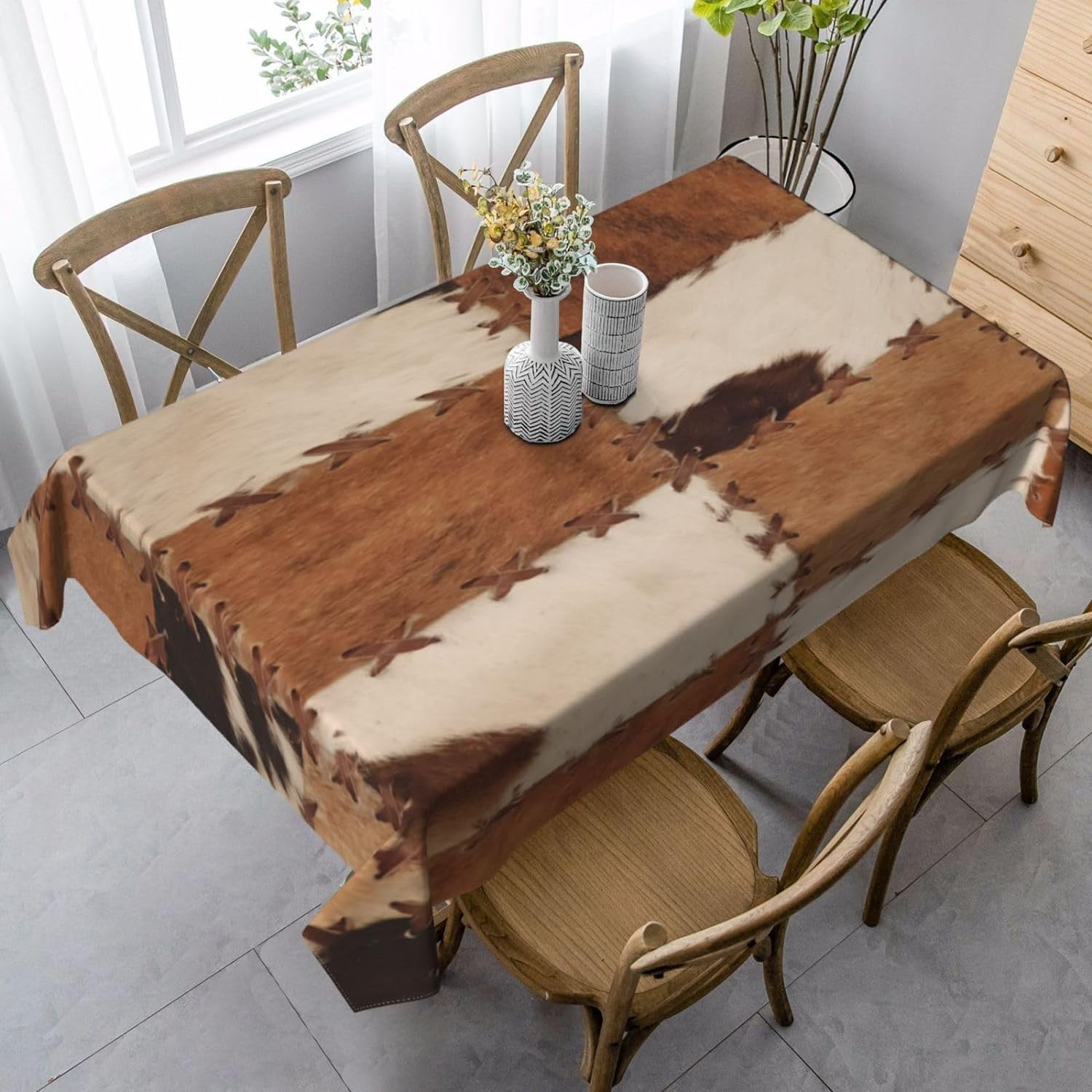 Cowhide Fur Patchwork Tablecloth,Western Ranch Brown Splicing Cow Print ...
