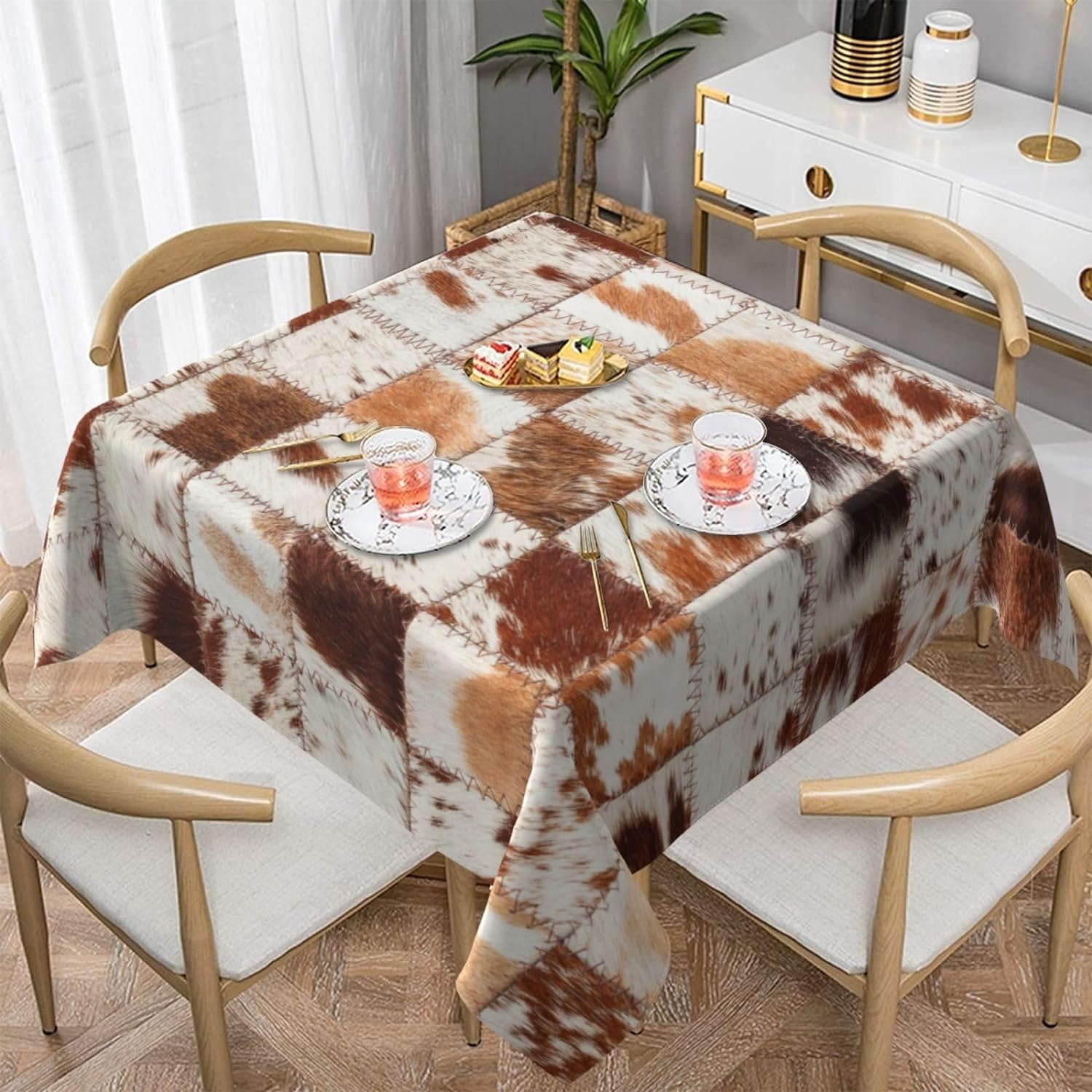 Cowhide Fur Tablecloth,Western Vintage Brown Patchwork Cow Print Rustic ...