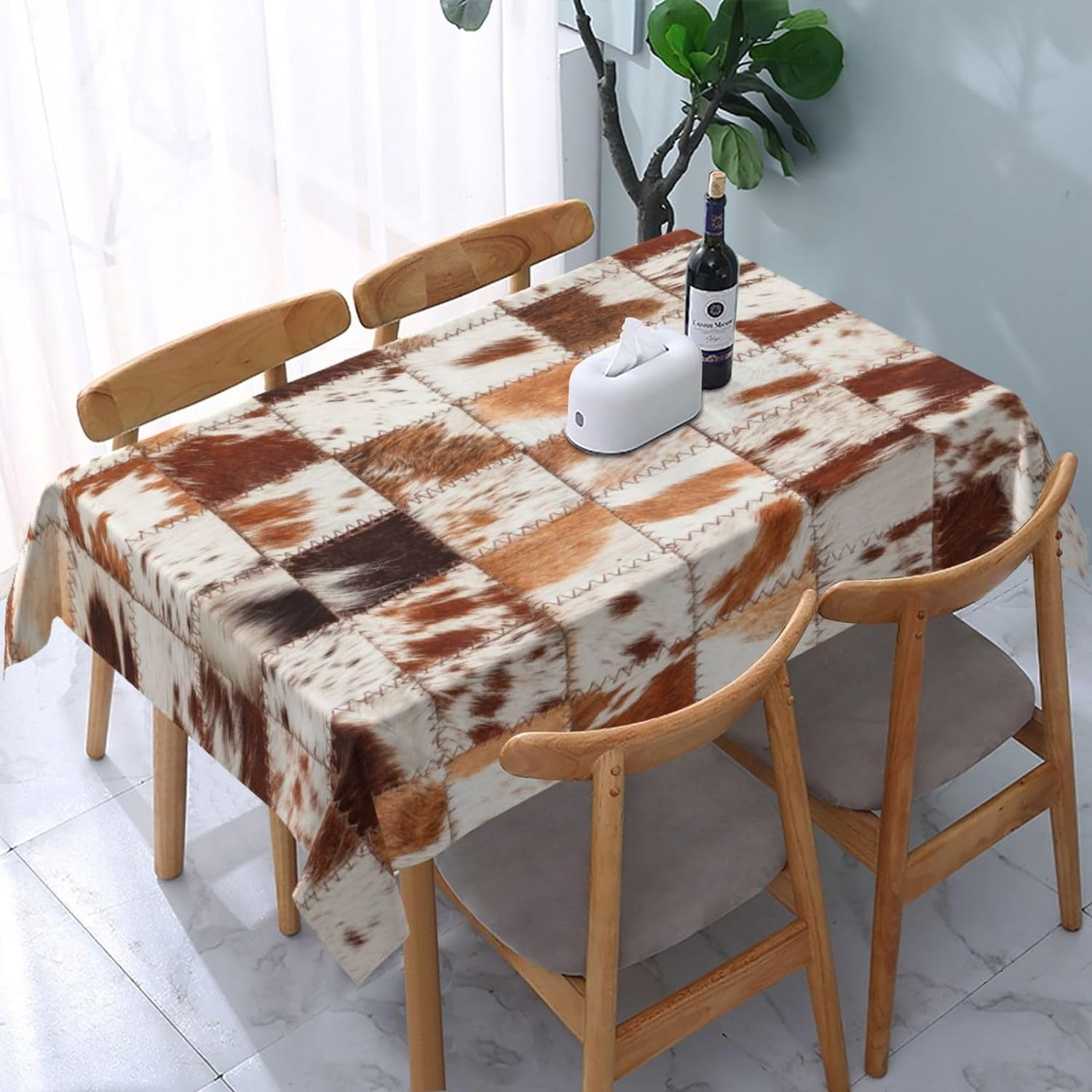 Cowhide Fur Tablecloth,Western Vintage Brown Patchwork Cow Print Rustic ...