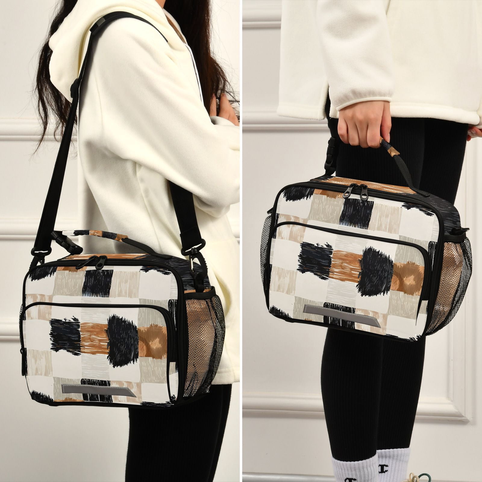 Cowhide Gingham Lunch Bag Cooler Bag Cooling Tote Portable Shoulder ...