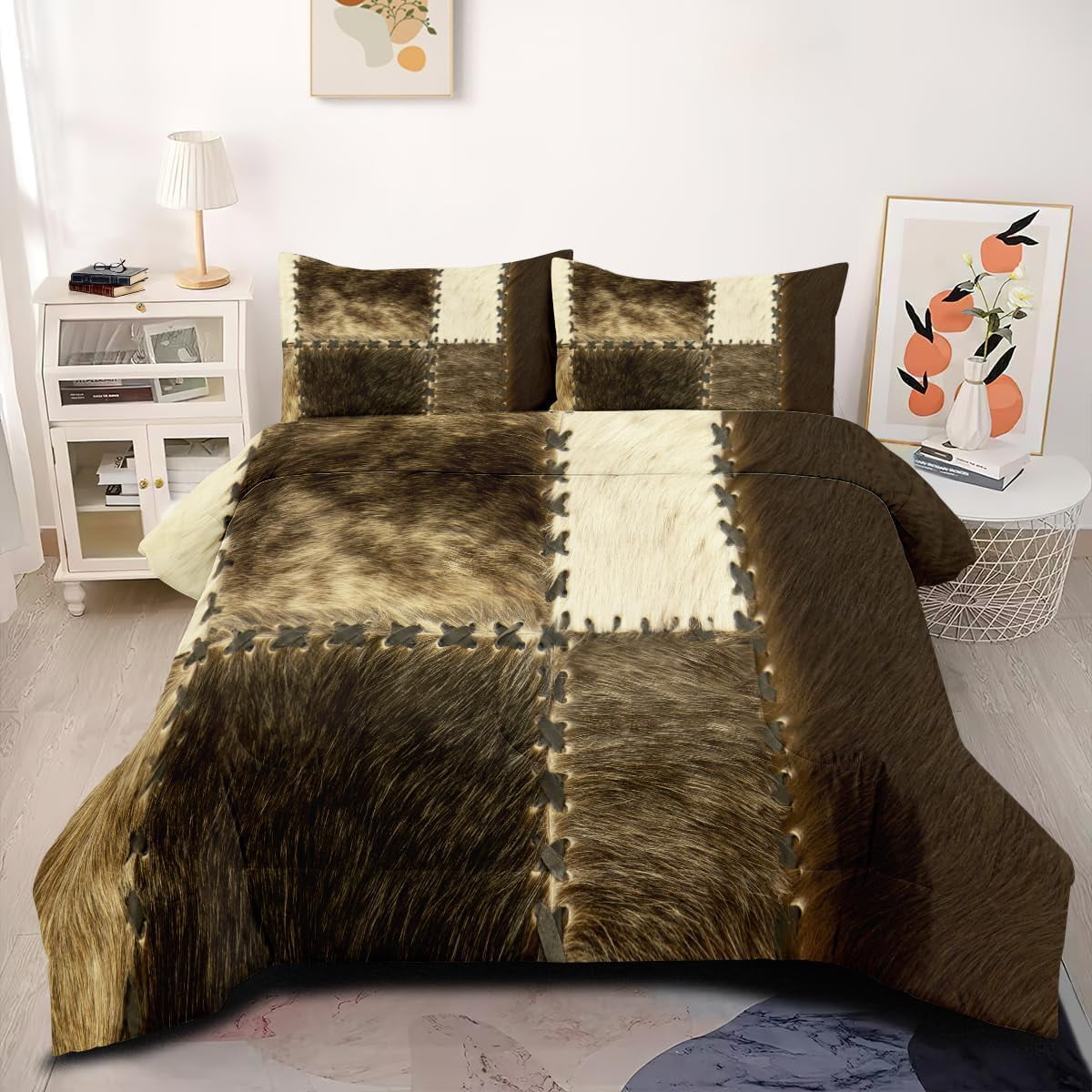Cowhide King Size Comforter Set with Cow Print Comforter, Patchwork Cow ...