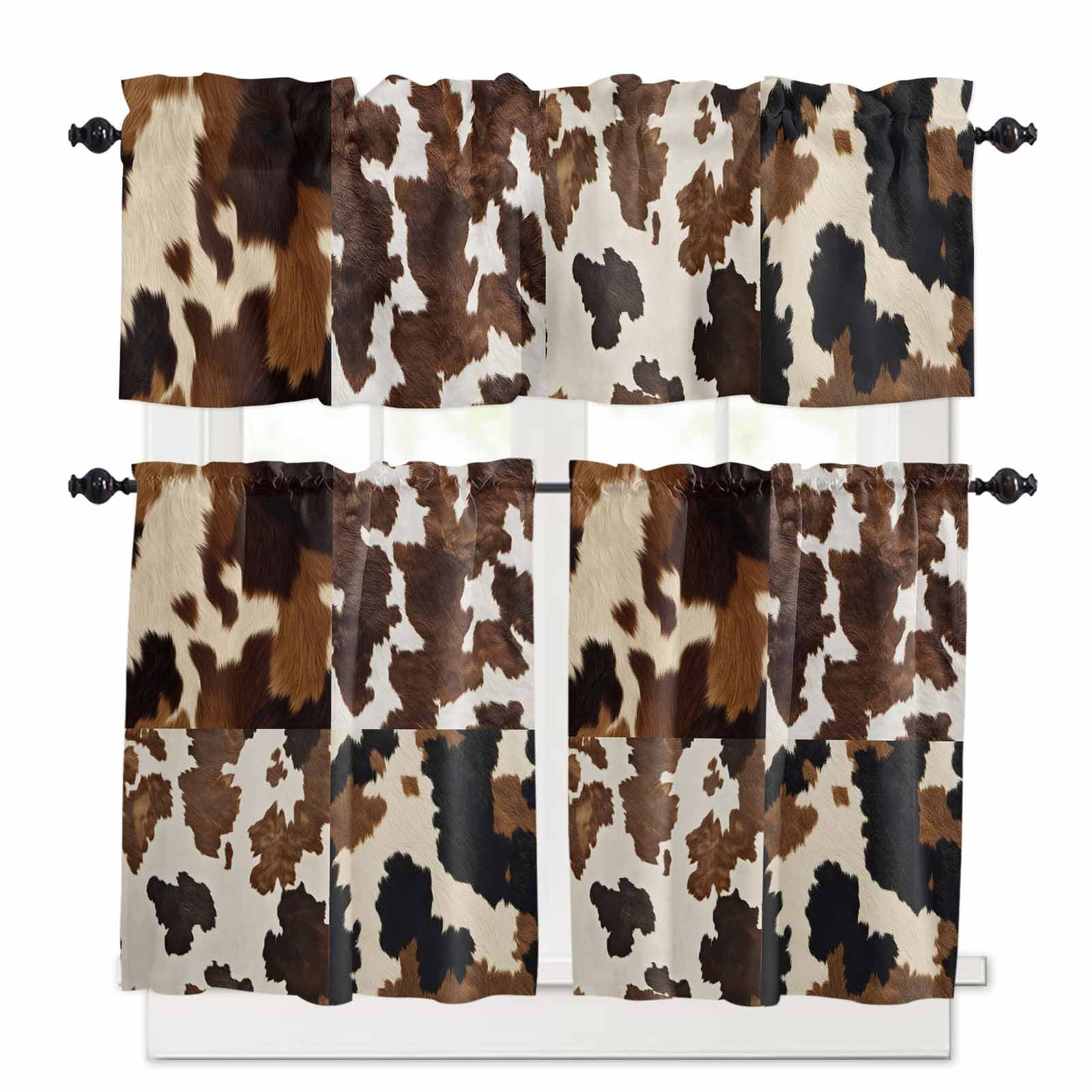 Cowhide Kitchen Curtains Valance and Tier Set Cow Skin Texture Rod ...