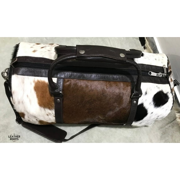 Cowhide Leather Duffel Bag | Cow hide Hair On Tricolor Weekender bag ...
