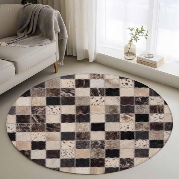 Cowhide Patchwork 3FT Round Area Rugs Western Ethnic Abstract Black ...