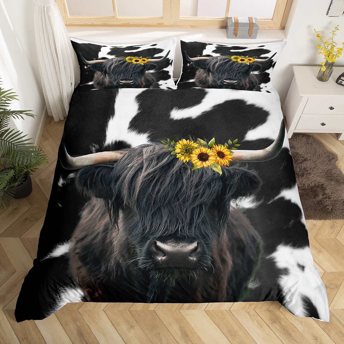 Cowhide Queen Duvet Cover Black Highland Cow Bedding Set With ...