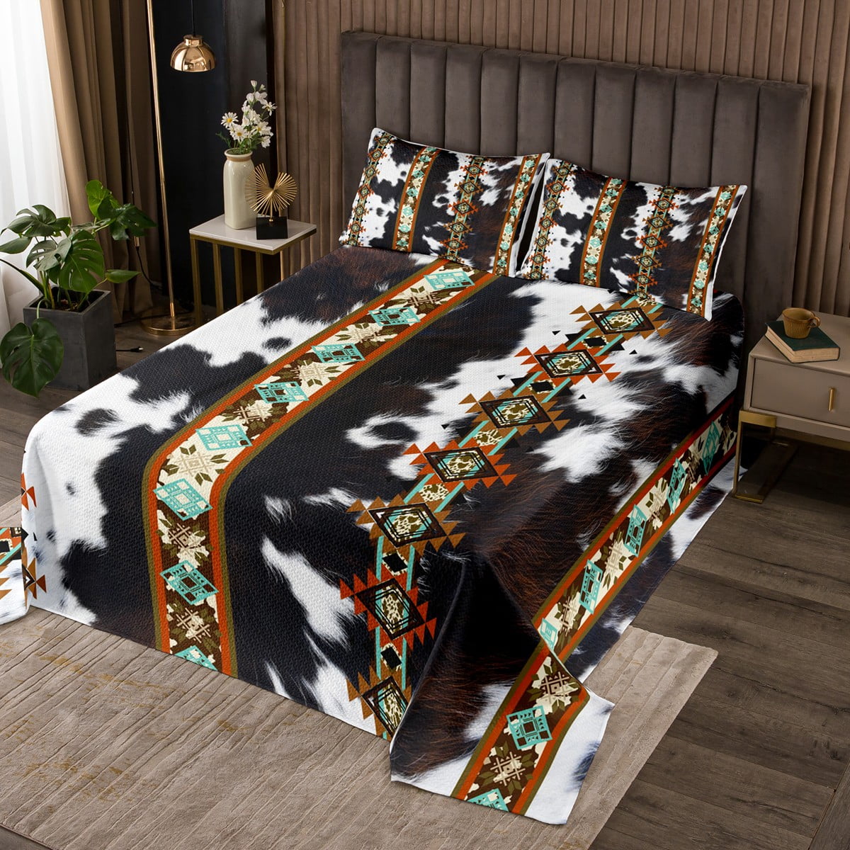 Cowhide Quilt Set Black and White Highland Cow Print Coverlet Set ...