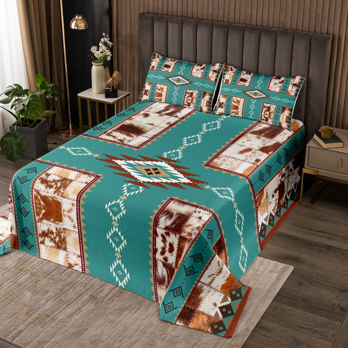 Cowhide Quilt Set Bohemian Exotic Geometry Western Bedspread Set Queen ...