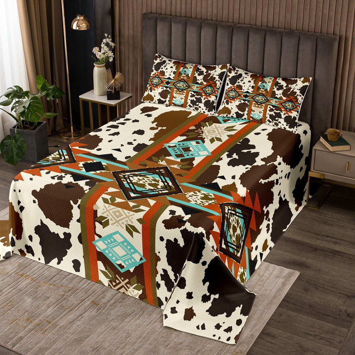 Cowhide Quilt Set Brown Highland Cow Print Coverlet Set,Western ...