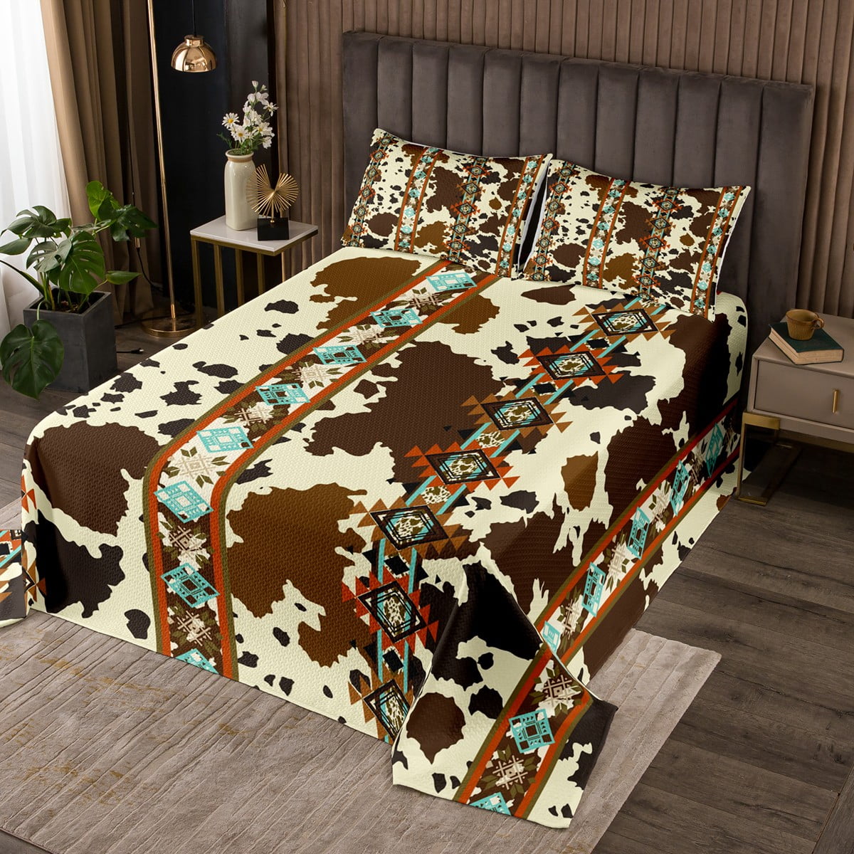 Cowhide Quilt Set Brown Highland Cow Print Coverlet Set,Western ...