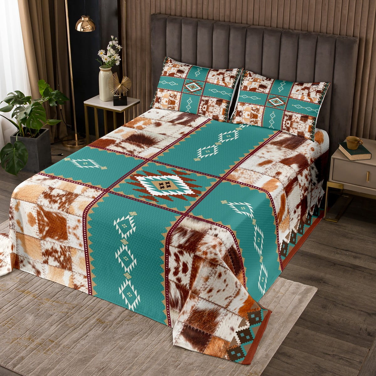 Cowhide Quilt Set Geometric Diamond Triangle Western Bedspread Set ...